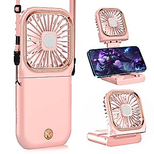 Allxin Portable Neck Fan Mini Quiet Handheld Personal Foldable USB Rechargeable Fan Operated for Home Office Outdoor Travel, 3000mAh Power Bank Hands Free Necklace Fans (Update Pink)