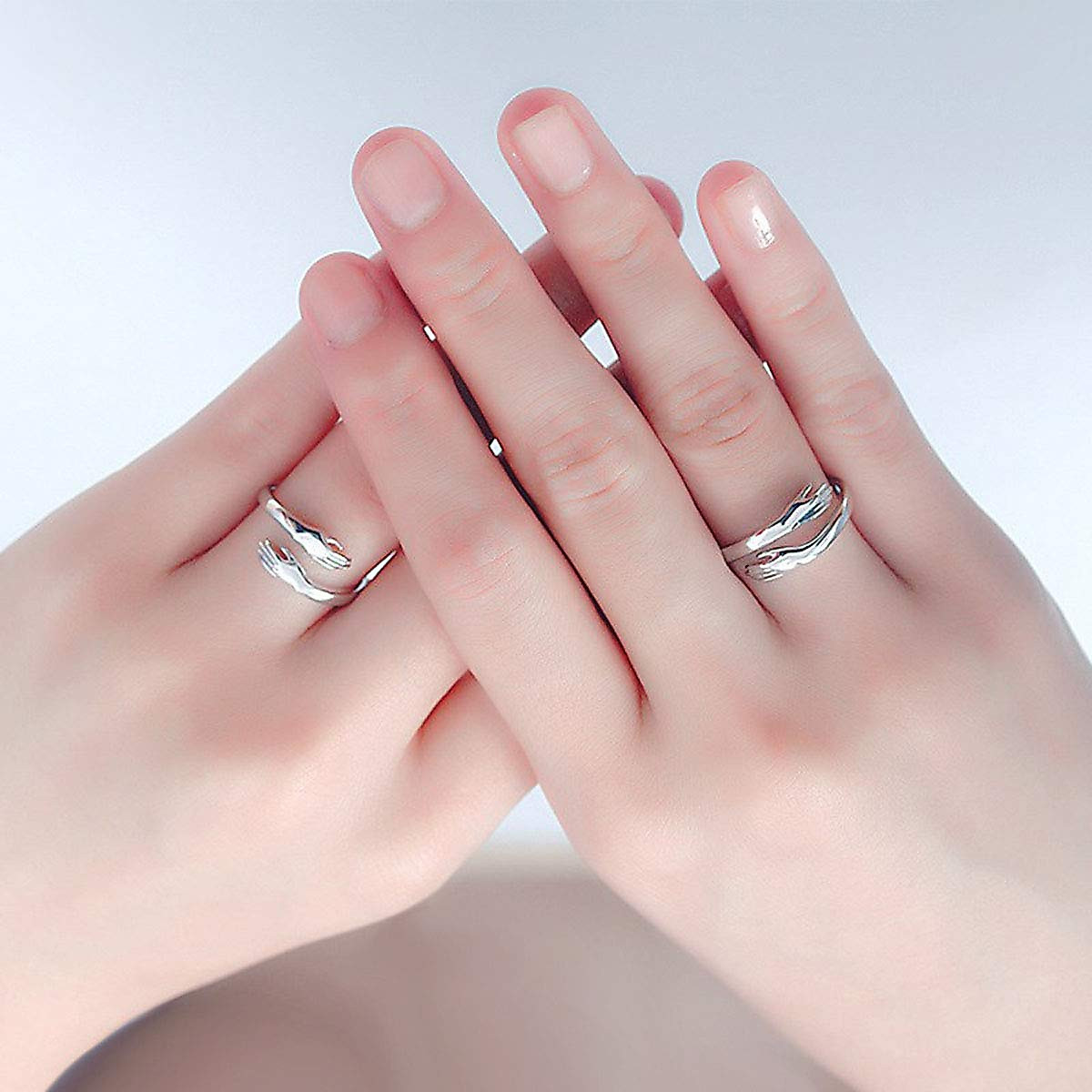 BODY16G CZCZ 925 Sterling Silver Rings Two Hands Hug Open Ring Ladies Men Wedding Rings for Women Adjustable Romantic Love Hugging Hands Open Ring