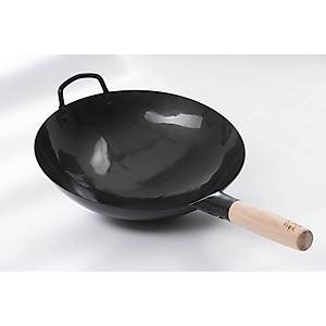 Craft Wok Black13 Pre-Seasoned Hand Hammered Carbon Steel Pow Wok with Wooden and Steel Helper Handle (13 Inch, Round Bottom)