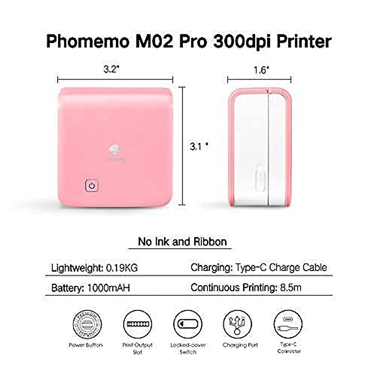 Phomemo M02 Pro Pocket Printer- Mini Bluetooth Thermal Printer with 3 Rolls White Sticker Paper, Compatible with iOS + Android for Learning Assistance, Study Notes, Journal, Fun, Work, Pink