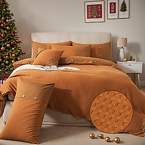 FADFAY Burnt Orange Duvet Cove Set King/Cal King Cotton Waffle Weave Bedding Zipper Comforter Cover Reversible Luxury Textured Terracotta Bedding Embellished Button Soft Breathable All Season 3Pcs