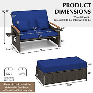 HAPPYGRILL Outdoor Wicker Sofa Daybed, Rattan Loveseat with Folding Panels & Storage Ottoman, 4-Level Adjustable Backrest, Cozy Cushions Included, Sun Lounger Daybed for Backyard Porch, (Navy)