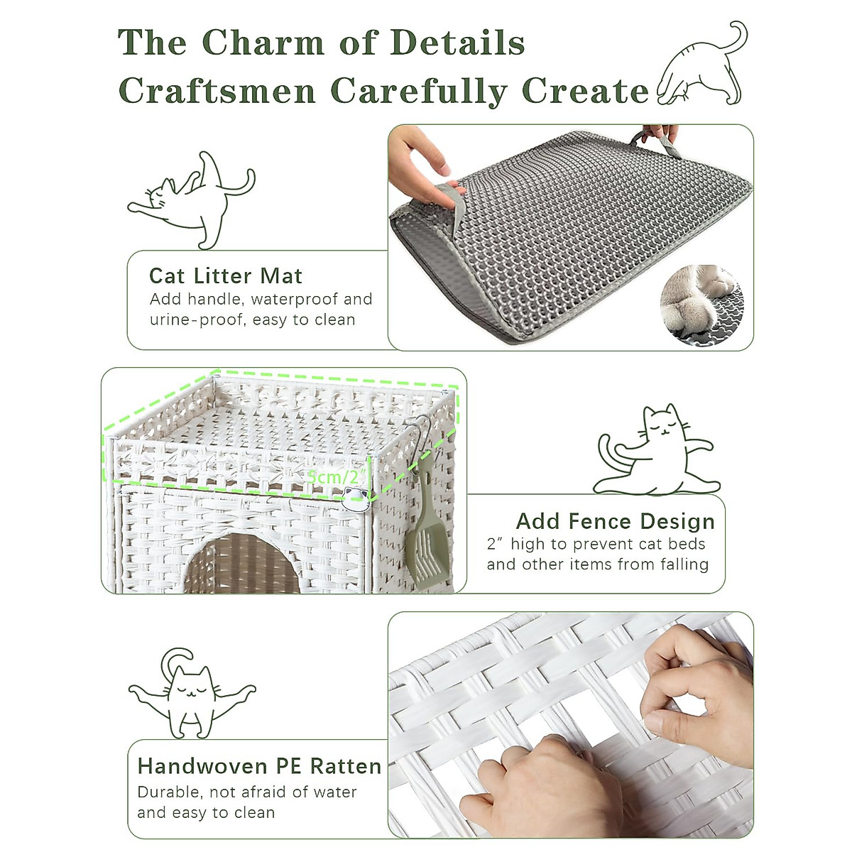 SETVSON Cat Litter Box Enclosure Cat Litter Box Furniture Hidden with Cat Litter Mat, Cat Litter Box Furniture with Two S-Shaped Hooks, Handwoven Rattan Cat House for Living Room, Bedroom, (White