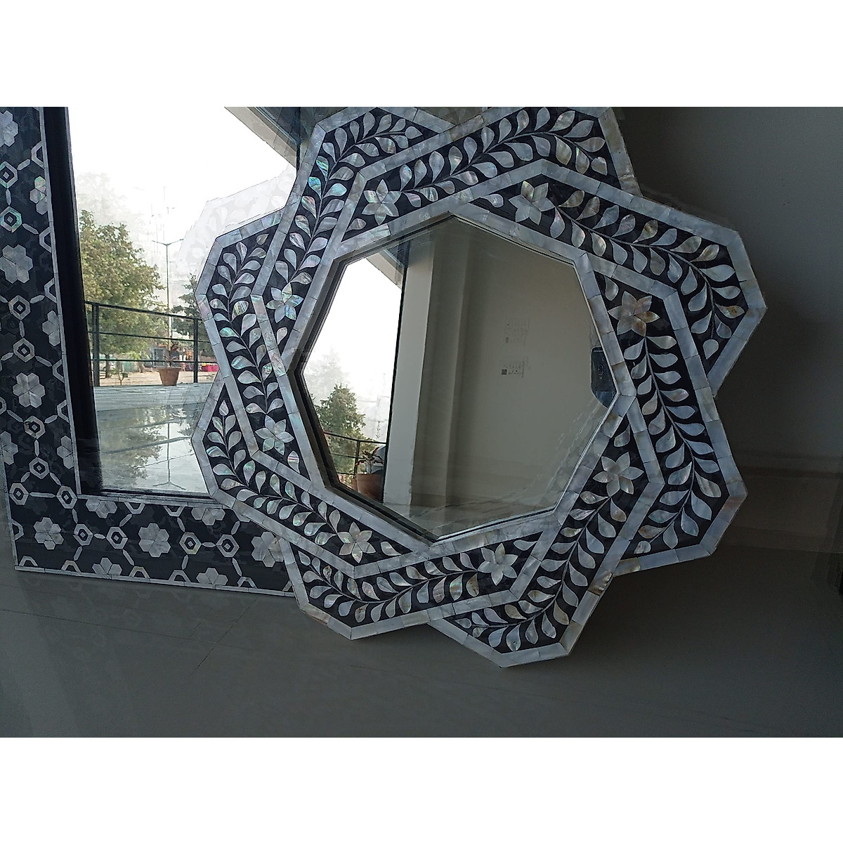 Handmade Mother Of Pearl Inlay Hexagonal Black Floral Pattern Mirror Frame | Handmade MOP Inlay Mirror Frame For Home Decor