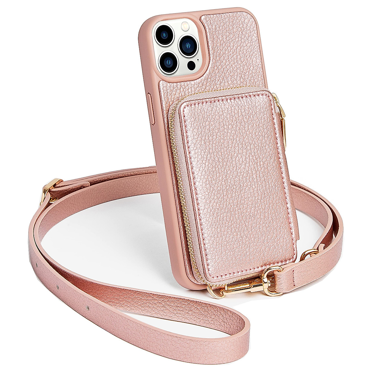 ZVE for iPhone 14 Pro Max Wallet Case Crossbody, Card Holder Zipper Phone Case for Women, Purse Cover with RFID Blocking Wrist Strap for iPhone 14 Pro Max, 6.7 inch, 2022- Rose Gold