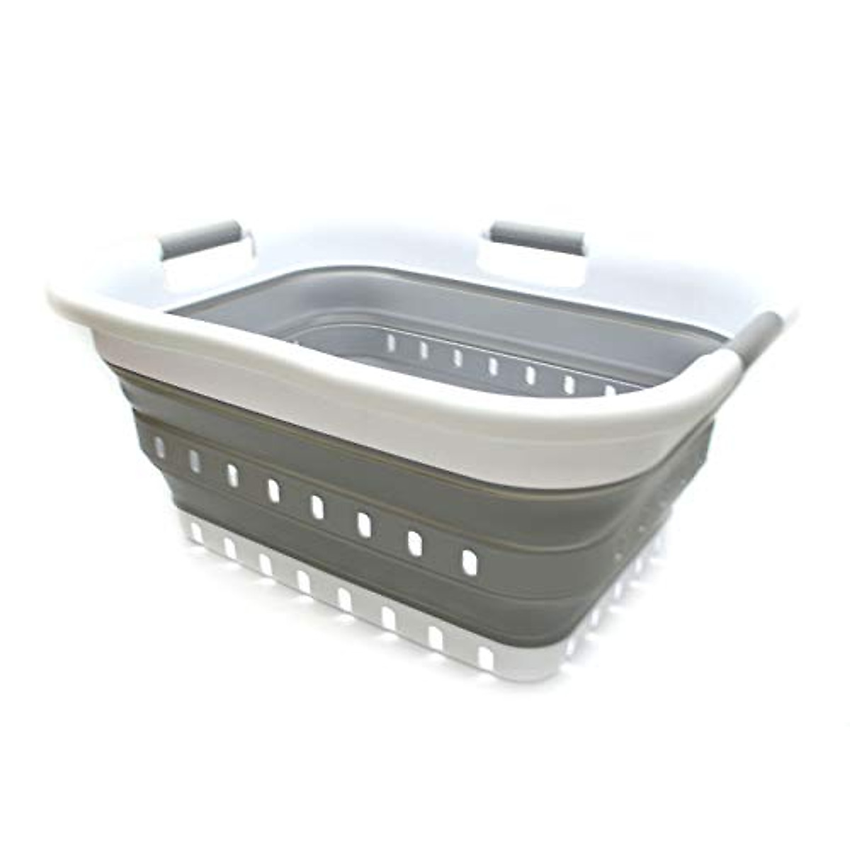 SAMMART 41L (10.8 gallon) Collapsible 3 Handled Plastic Laundry Basket - Foldable Pop Up Storage Container/Organizer - Portable Washing Tub - Space Saving Hamper/Basket (3 handled rectangular, White/Grey)