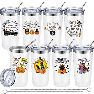 Singhoow 8 Pcs Halloween Tumbler with Lid and Straw 12 oz Halloween Coffee Mugs Stainless Steel Insulated Pumpkin Ghost Bat Boo Witch Halloween Wine Cup Bulk for Halloween Party Travel Men Women Gift