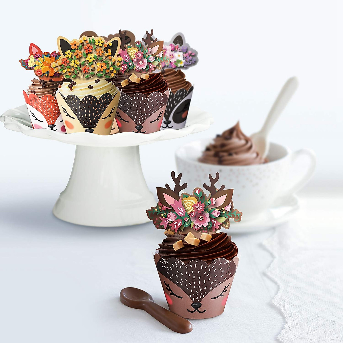 Blulu 60 Pieces Woodland Baby Shower Cupcake Wrappers and Toppers Woodland Deer Cupcake Liners Woodland Animal Wild One Birthday Party Decorations Woodland Creature Supplies