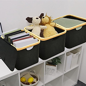 Fabric Storage Basket for Shelves, Black Storage Basket with Bamboo Handles, Collapsible Storage Bins, Rectangle Closet Baskets, Wardrobe Organiser, for Sorting Clothes, Family Items (with lid)