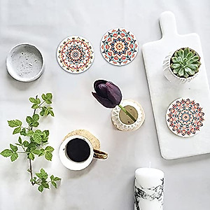 Coasters for Drinks with Holder Beautiful Flower Ceramic Coasters 4 Inch Round Absorbent Drink Coasters with Cork Base Set of 6 for Kinds of Cups, Wooden Table, Table Protection, Housewarming Gifts