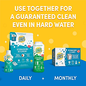 Lemi Shine Natural Dishwasher Detergent Pods + Dishwasher Cleaner 1 ct | All-In-One Powder & Gel Pods with Powerful Citric Acid | Eco Friendly Dish Wash Cleaning Supplies (65 Count)
