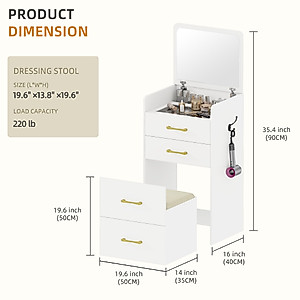 Gurexl 3 in 1 Vanity Desk with Plip Top Mirror,Small Make Up Vanity Set with Visible Glass Desktop,Compact Makeup Vanity with 3 Drawers,Cushioned Tool,Dressing Table for Bedroom