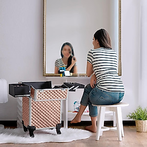 Yaheetech Rolling Makeup Train Case Professional Aluminum Cosmetic Case Large Storage Makeup Trolley with 4 Detachable Removable Wheels, 4 Trays and 1 Cubby with Sliding Rail - Holographic Gold