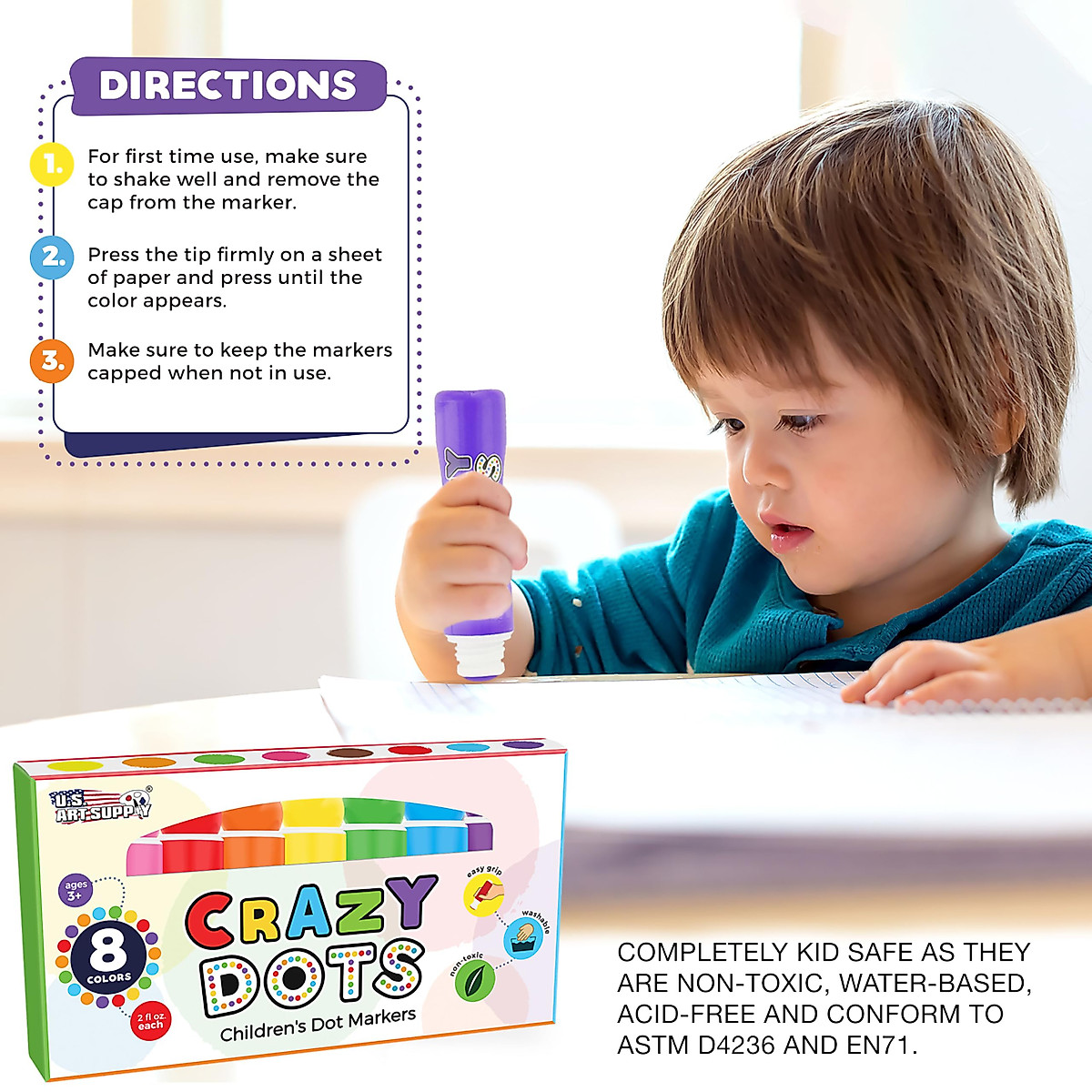 U.S. Art Supply 8 Color Crazy Dots Markers - Children's Washable Easy Grip Non-Toxic Paint Marker Daubers