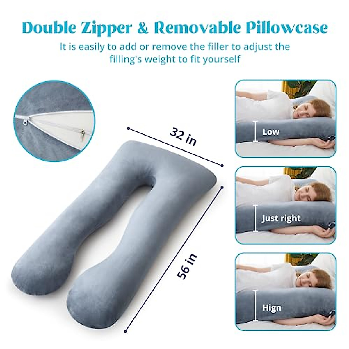 puredown® Pregnancy Pillow for Sleeping- U Shaped Full Body Maternity Pillow for Pregnant Women, Support for Back, Hips, Legs, Removable and Washable Cover, 32" x 56" Inch Pillow, Navy Blue