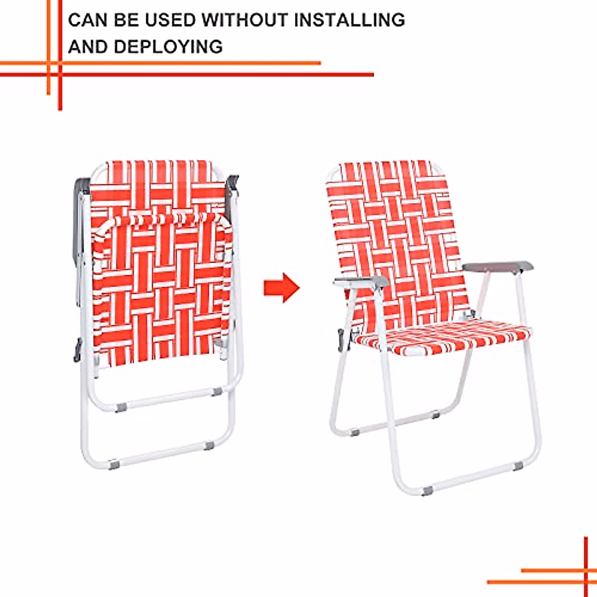 Shyneer Patio Lawn Chairs Folding,Webbed Folding Chair Outdoor Beach Chair Portable Camping Webbing Chair for Yard, Garden,Weight Capacity 265lbs (2Pack, Red & White)