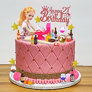 36 PCS Mini Wine Bottles Cake Toppers With 12 Mini Wine Bottles 5 Mini Wine Glasses 1Toilet Toy 1 Beauty Doll 21st Birthday Cake Topper for Celebrating Birthday Girl Party (Pink)