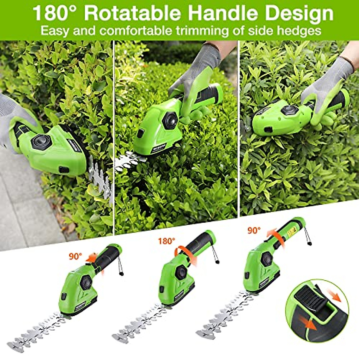 WORKPRO Cordless Grass Shear & Shrubbery Trimmer - 2 in 1 Handheld Hedge Trimmer 7.2V Electric Grass Trimmer Hedge Shears/Grass Cutter 2.0Ah Rechargeable Lithium-Ion Battery and USB Cable Included