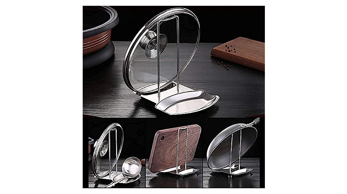 Kitchen Pan Lid and Spoon Rest Holder - Stainless Steel Organizer