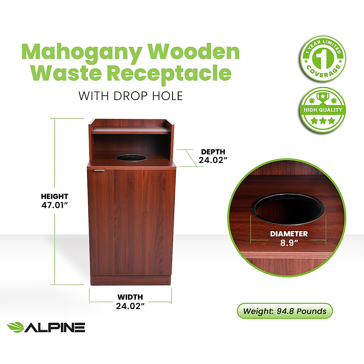 Alpine Restaurant Trash Bin Cabinet - Commercial Trash Can Garbage Receptacle Indoor with Tray Holder for 32 Gallon Garbage Bin (Mahogany)