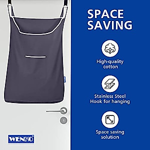 WENKO Laundry Hamper Bag Hanging, Over The Door Basket with Hooks for Bathroom, Closet, Space Saving Storage, Wall Mounted, 3.94 x 20.47 x 31.89 in, Gray