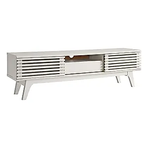Levan Home Mid Century Modern Low Profile 59" Retro TV Stand with Slatted Shelves in White