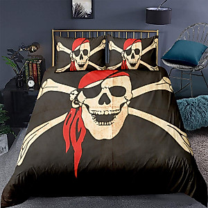 Pirate Comforter Cover Queen,Flag of Tierra del Fuego Argentina in Grunge Antique Historical Skull Pattern Printed Decorative 3 Pieces Bedding Set(1 Duvet cover Set 2 Pillow Shams) ,with Zip Ties