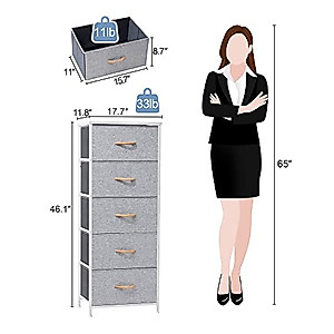 Crestlive Products Vertical Dresser Storage Tower - Sturdy Steel Frame, Wood Top, Easy Pull Fabric Bins, Wood Handles - Organizer Unit for Bedroom, Hallway, Entryway, Closets - 5 Drawers (Light Gray)