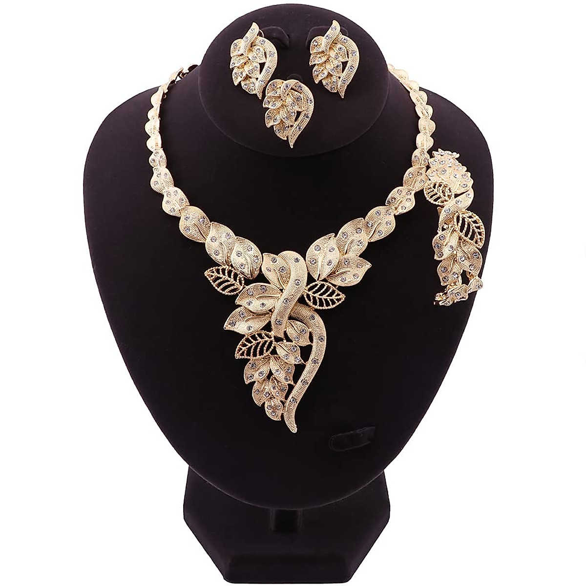 NA African Dubai Gold Jewelry Nigerian Crystal Necklace Hoop Earrings Ring Women Italian Bridal Jewelry Sets Wedding Accessories (Gold)