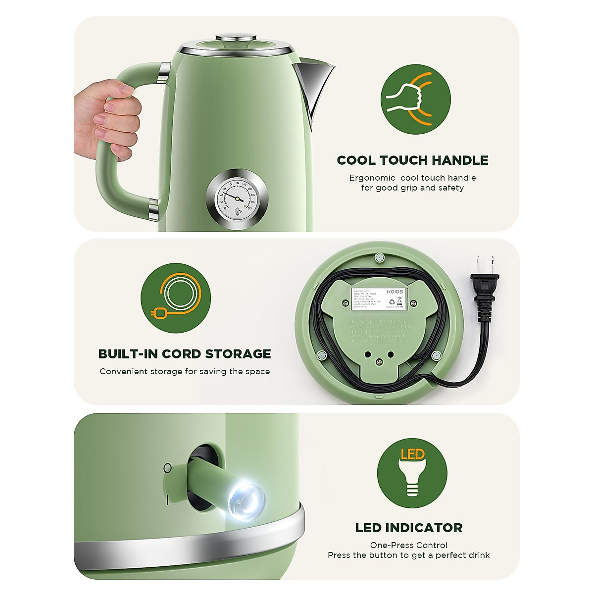 Electric Kettle, 1.8 L Hot Water Boiler Heater with Thermometer, 1500W Retro Electric Tea and Water Kettle with LED Indicator, 100% Stainless Steel, Auto Shut-Off & Boil-Dry Protection, Retro Green