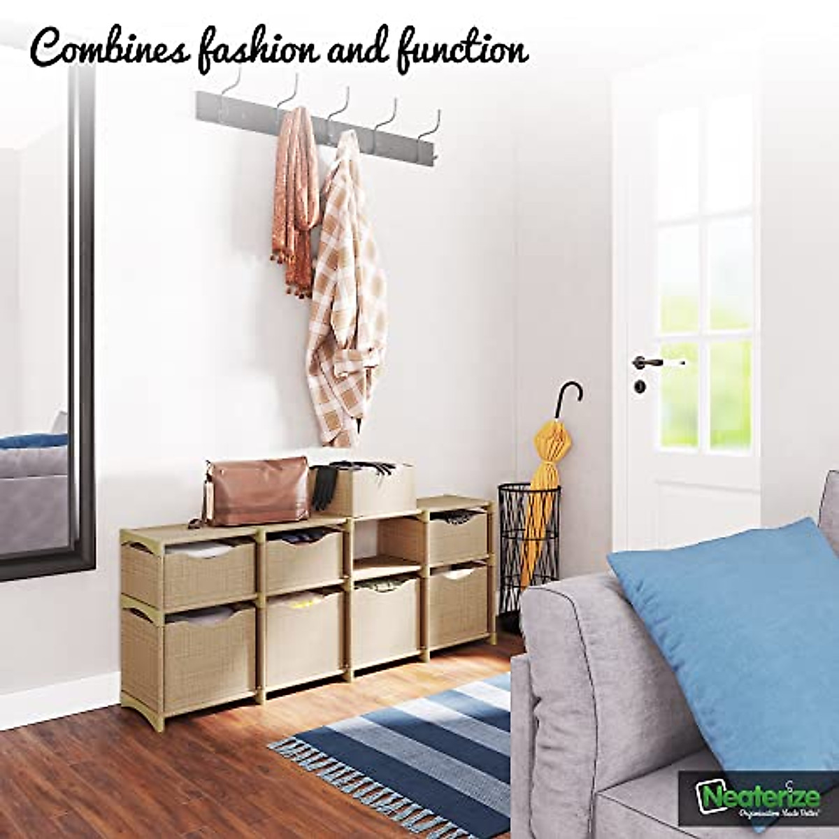 Closet Organizer and Storage Unit. Includes 8 Fabric Storage Bins. DIY Organizer Shelf For Clothes, Toys, Underhanging Closet Storage. Used in Closet, Hallway and Bedroom. (Beige)