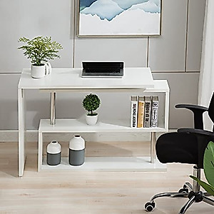 MJWDP L-Shaped Corner Computer Desk PC Laptop Table Study Workstation with 2-Tier 360 Degree Rotatable Storage Shelf White