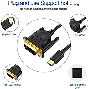 QGeeM USB C to DVI Cable Adapter, 4K@30Hz Thunderbolt 3 to DVI 6FT USB 3.1 Type C to DVI(24+1) Male 4K@30Hz Cable Compatible with 2018 MacBook Pro, Surface Book 2, Dell XPS 13, Galaxy S10 (1.8M)