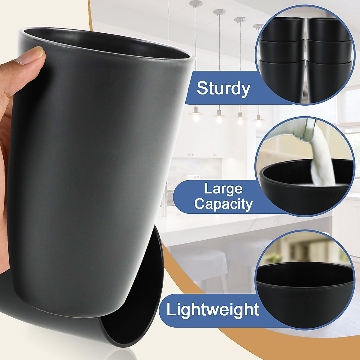 BUSOKIP Wheat Straw Cups 20 OZ Set of 6, Unbreakable Drinking Cups Reusable, Alternative to Plastic Cups Reusable, Dishwasher Safe Cups for Kitchen Water Cups (Black)