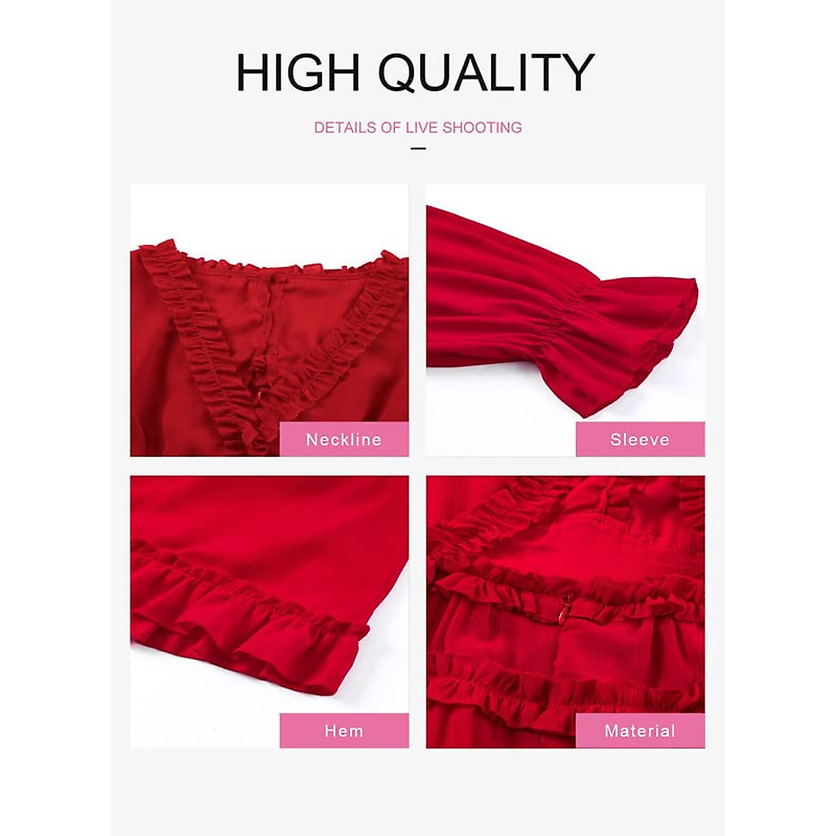 Dokotoo Womens Cute Summer Spring Casual Sexy Deep V Neck Ruffle Chiffon Lantern Long Sleeve Elegant Boho Hawaiian Flowy Mini Short Skirt Dresses for Women Party 2025 Red Small