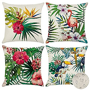 OTOSTAR Pack of 4 Waterproof Throw Pillow Covers, Tropical Plants and Flowers Parrot Flamingo Pattern Cushion Cover, Indoor&Outdoor Decorative Pillowcase for Patio Couch Bed Sofa, 16x16 Inch