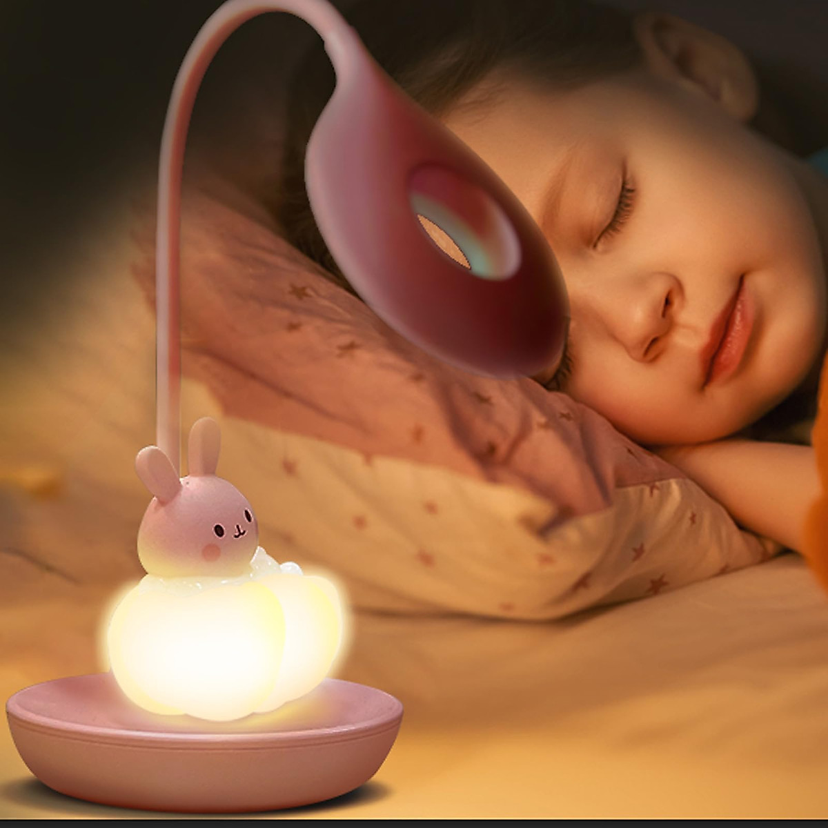 CompraFun Kids Desk Lamp Pink, Dimming Desk Lamp for Girls with Exclusive Cartoon Look, Cute Night Light for Kids Bedroom, Eye-Caring LED Portable Reading Lamp for Child, Unique Gift (Pink Rabbit)