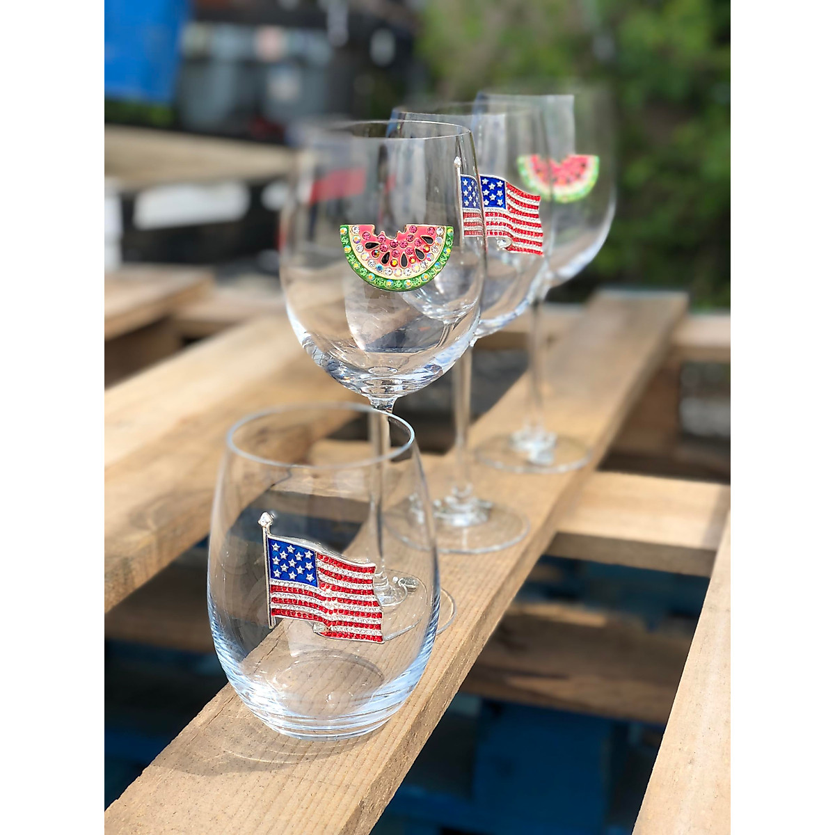 THE QUEENS' JEWELS American Flag Jeweled Stemless Wine Glass, 21 oz. - Unique Gift for Women, Cute, Fun, Fourth of July, Not Painted, Decorated, Bling, Bedazzled, Rhinestone