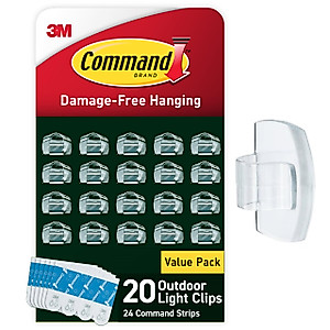 Command Outdoor Light Clips, Damage Free Hanging Outdoor Light Clips with Adhesive Strips, No Tools Wall Clips for Hanging Outdoor Lights and Cables, 20 Clear Clips and 24 Command Strips