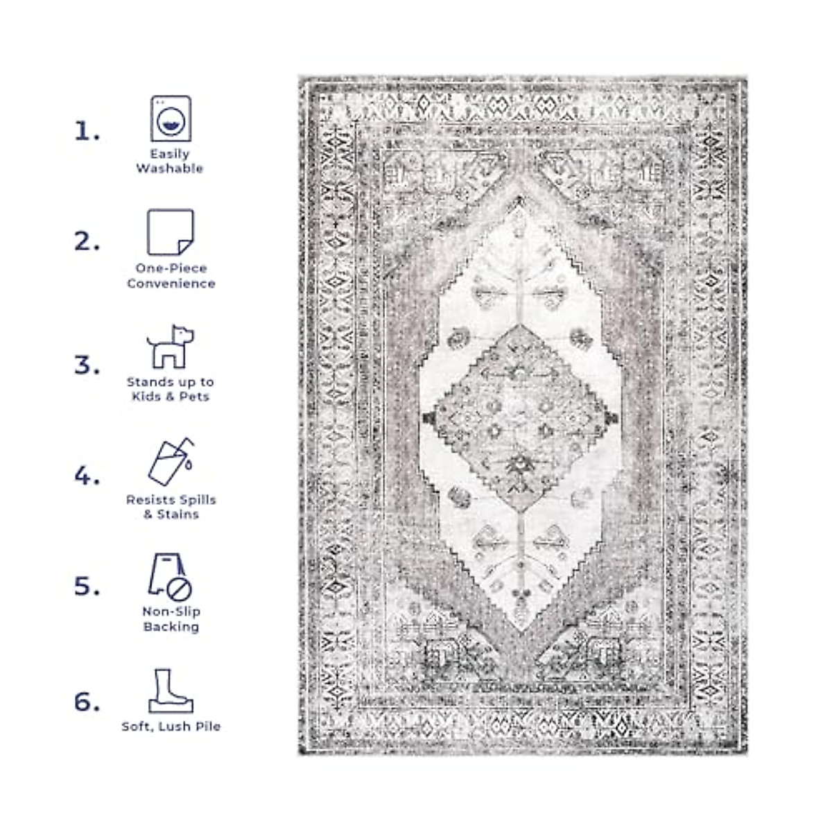 nuLOOM Gladys Machine Washable Vintage Medallion Ultra Thin Runner Rug, 2' 6" x 12', Light Grey