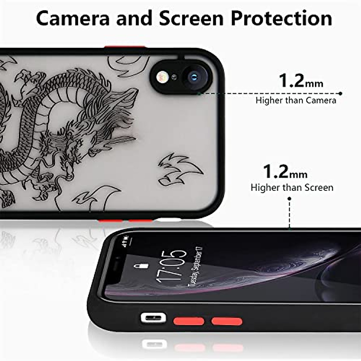 Urarssa Compatible with iPhone Xr Case Fashion Cool Dragon Animal 3D Pattern Design Frosted PC Back Soft TPU Bumper Shockproof Protective Case Cover for iPhone Xr, Black