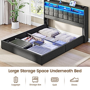 Driftalia Lift Up King Size Bed Frame with Storage, Upholstered King Bed Frame with Charging Station and LED Lights Headboard, No Box Spring Needed, Easy Assembly - Dark Grey