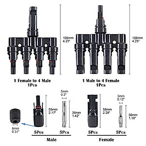 Glarks Solar Panel Connectors 1 Male to 4 Female and 1 Female to 4 Male T Branch Connectors Cable Coupler Combiner and 5 Pair Male/Female Solar Panel Cable Connectors Set (M/4F and F/4M)