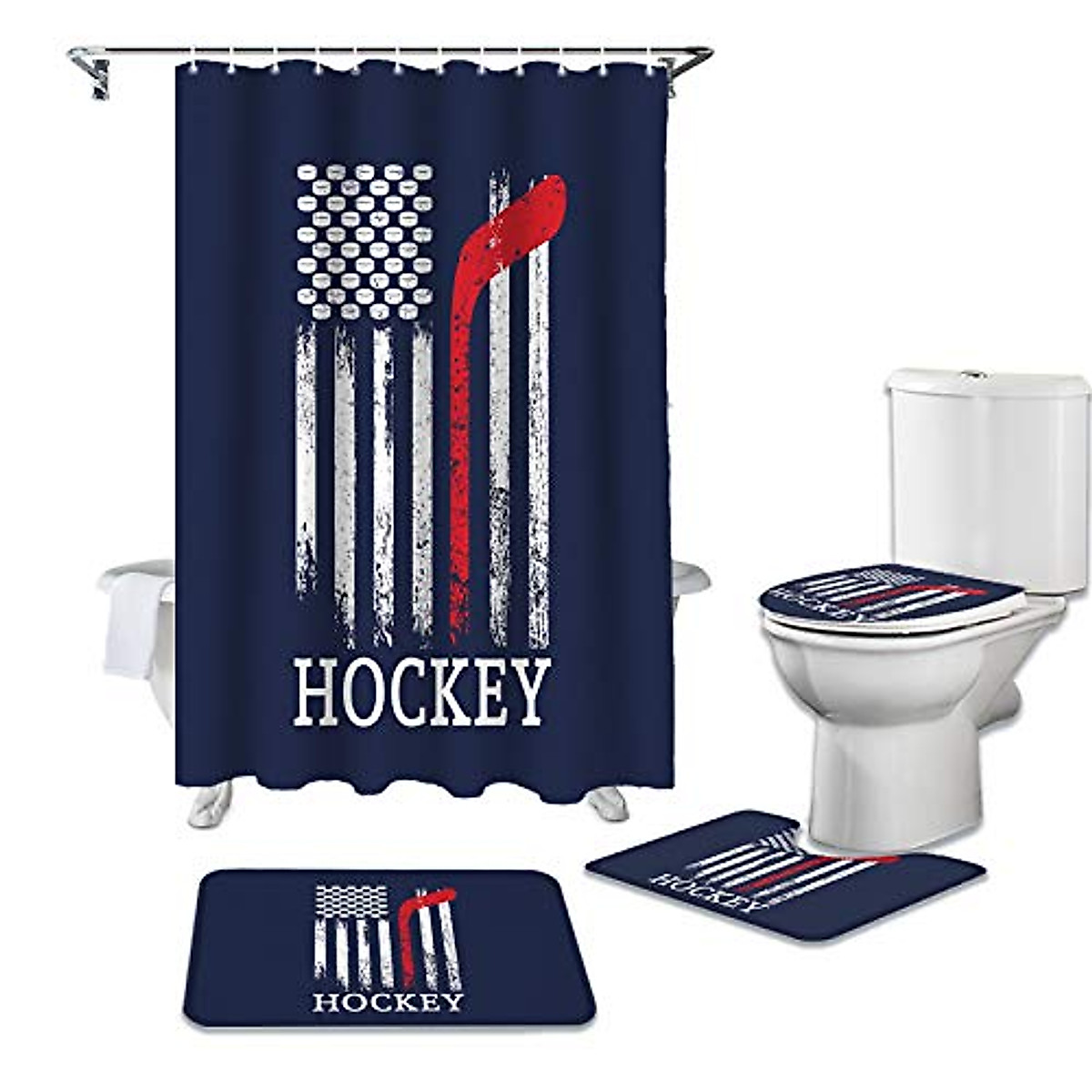 OneHoney Shower Curtain Sets 4 Pieces with Non-Slip Rugs USA Flag Hockey Sports,Waterproof Bathroom Curtains,Blue White Stripes Decor Bath Mat, Toilet Lid Cover and Floor Door Mat