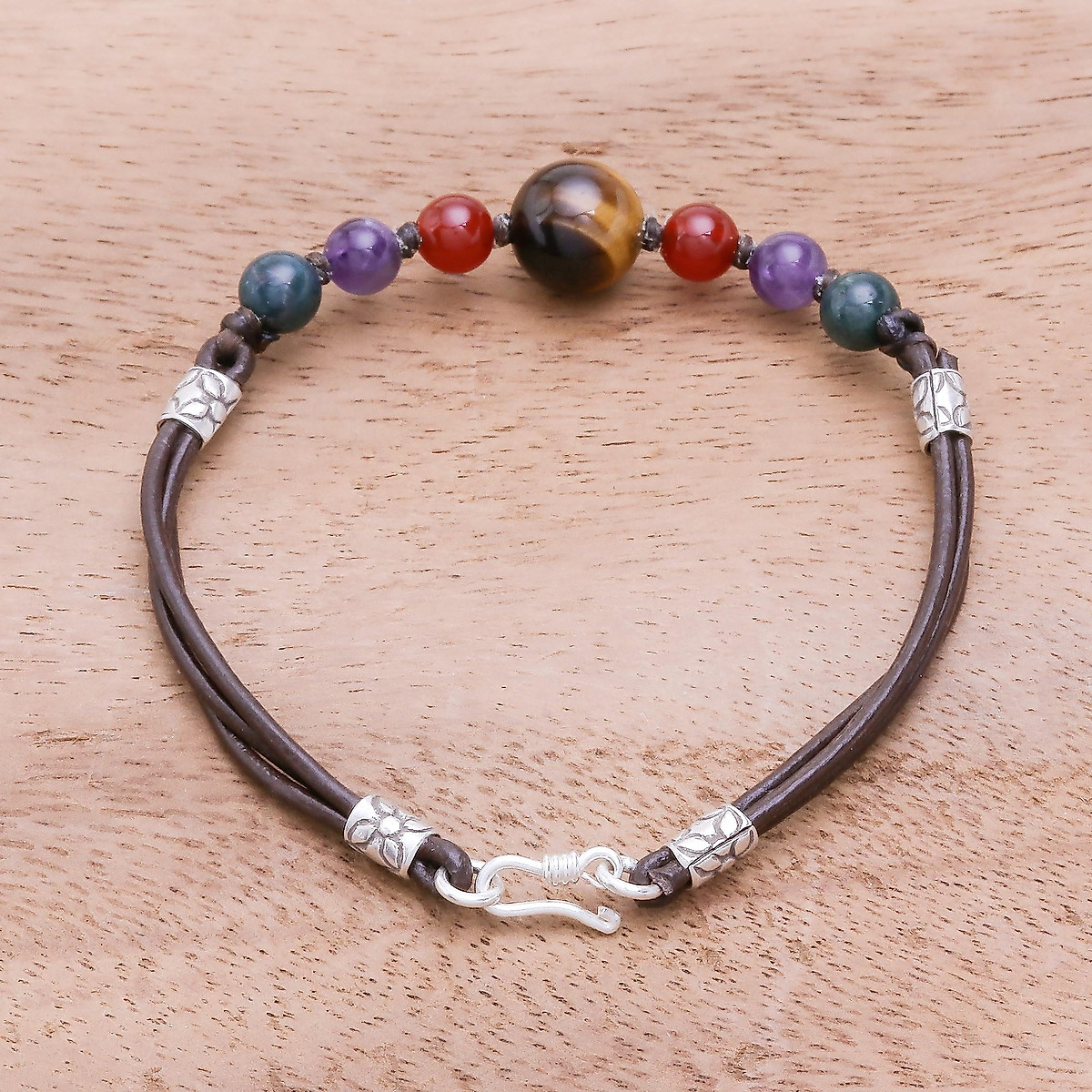 NOVICA Artisan Handmade Multigemstone Beaded Bracelet Crafted in Thailand Sterling Silver Tigers Eye [7.5 in L 3 mm W Pendant(s) 0.4 in L x 2.4 in W] ' Playful Rainbow'