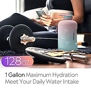 TOBA 1 Gallon Motivational Water Bottle -128 oz BPA Free Water Jug Large Sports Water Bottle Leakproof Drinking Bottle Women/Men for Fitness Gym Outdoor Activity, Pink Dandelion