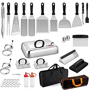 Leonyo Griddle Accessories Set of 27, Heavy Duty Stainless Steel Grill Griddle Metal Spatulas for Cast Iron Flat Top, Burger Press, Rectangular Basting Cover, 2 Square Melting Domes, 2 Carry Bags