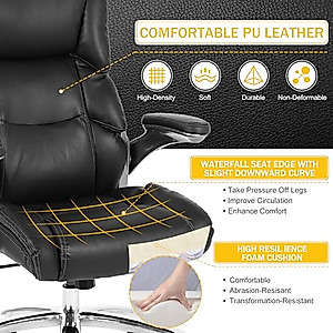 Ergonomic Big and Tall Office Chair Heavy Duty 400lbs Adjustable Rolling Swivel Desk Chair Pu Leather Executive Task Work Chair High Back Tilt Computer Chair w/Flip-up Armrest & Lumbar Support, Black
