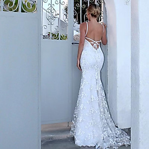 Pefantal Lace Applique Wedding Dresses for Bride Sleeveless Spaghetti Straps Mermaid V Neck Open Back Bodycon Long Bridal Gown (US, Numeric, 6, Regular, Regular, White)