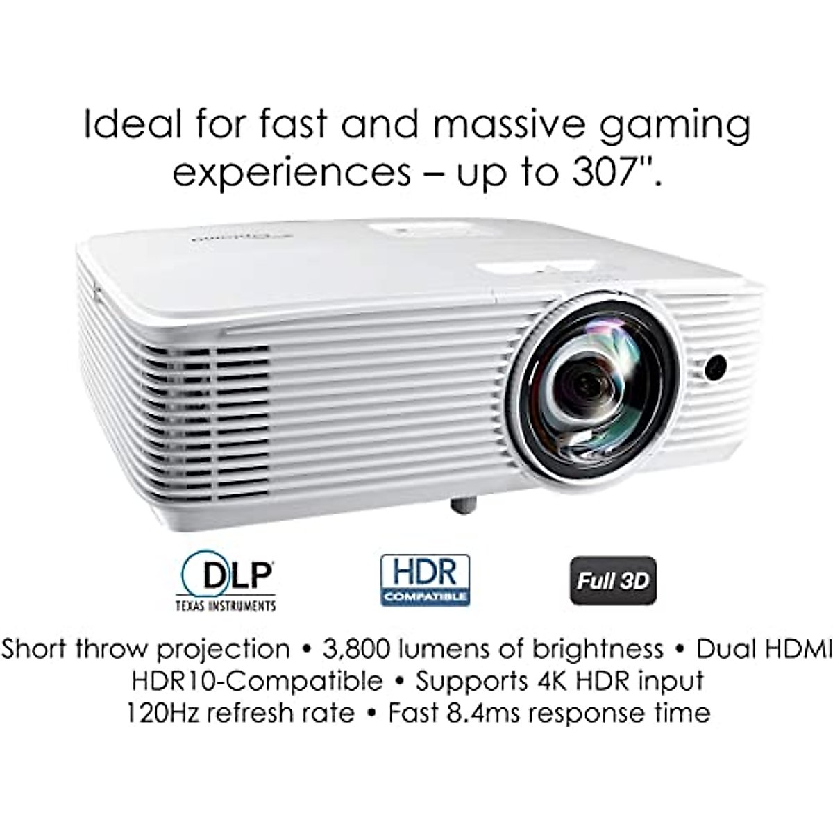 Optoma GT1080HDRx Short Throw Gaming Projector | Enhanced Gaming Mode for 1080p 120Hz Gameplay at 8.4ms | 1080p and HDR support with 4K UHD input | Bright 3,800 Lumens for Day and Night Gaming | White